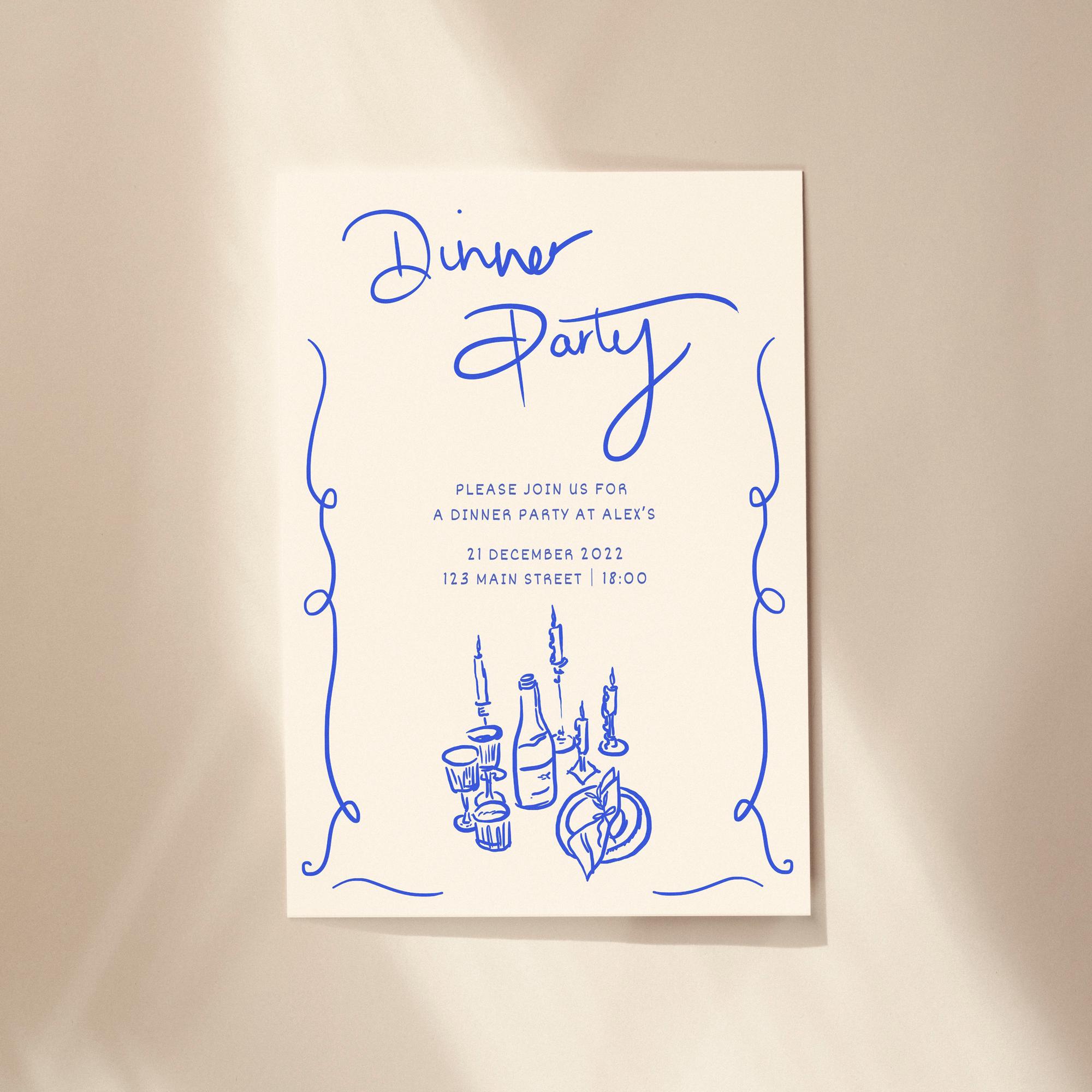 Hand Drawn Blue Illustrated Dinner Party Invite Template - Editable ...