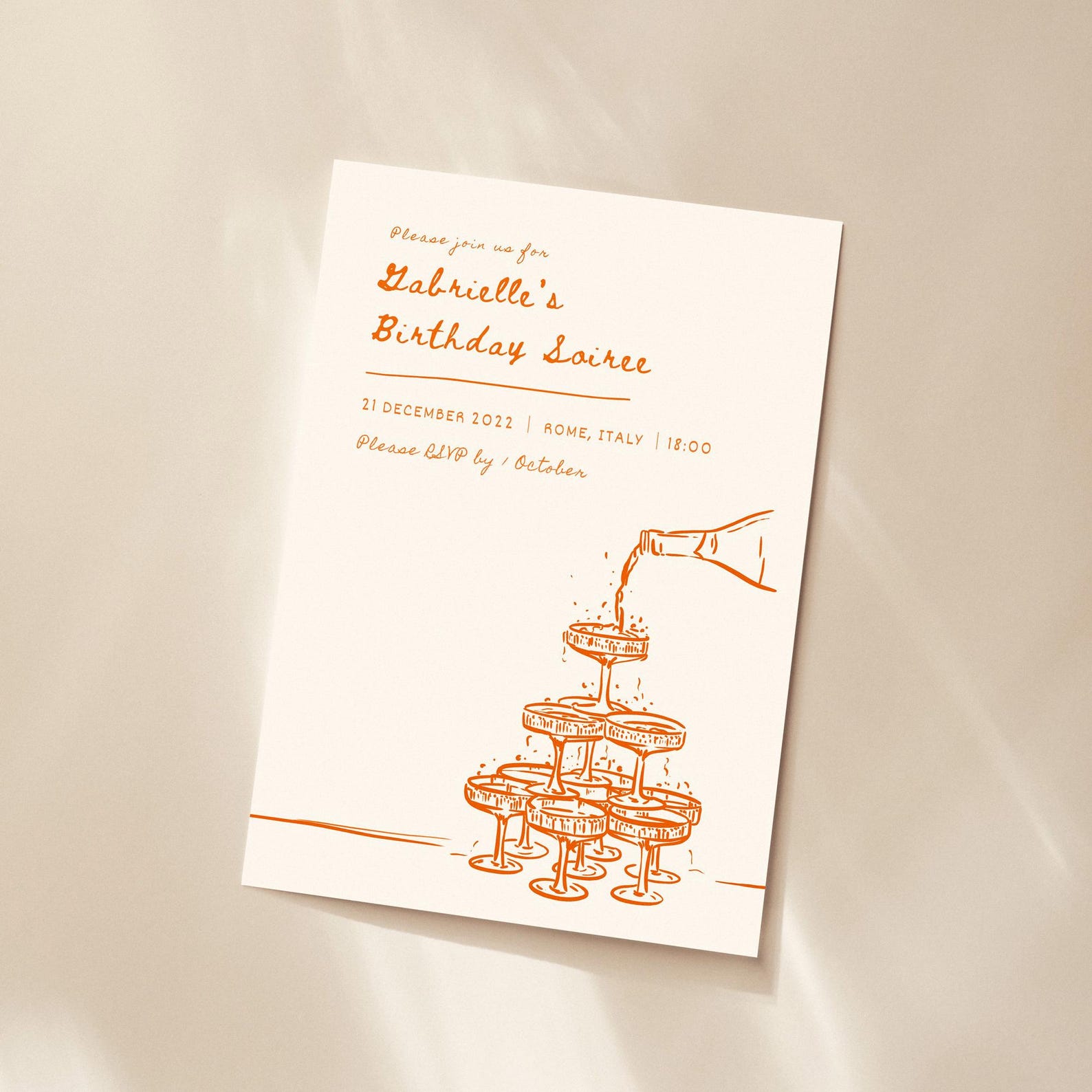 Hand Drawn Orange Coup Champagne Tower Illustrated Birthday Soiree ...