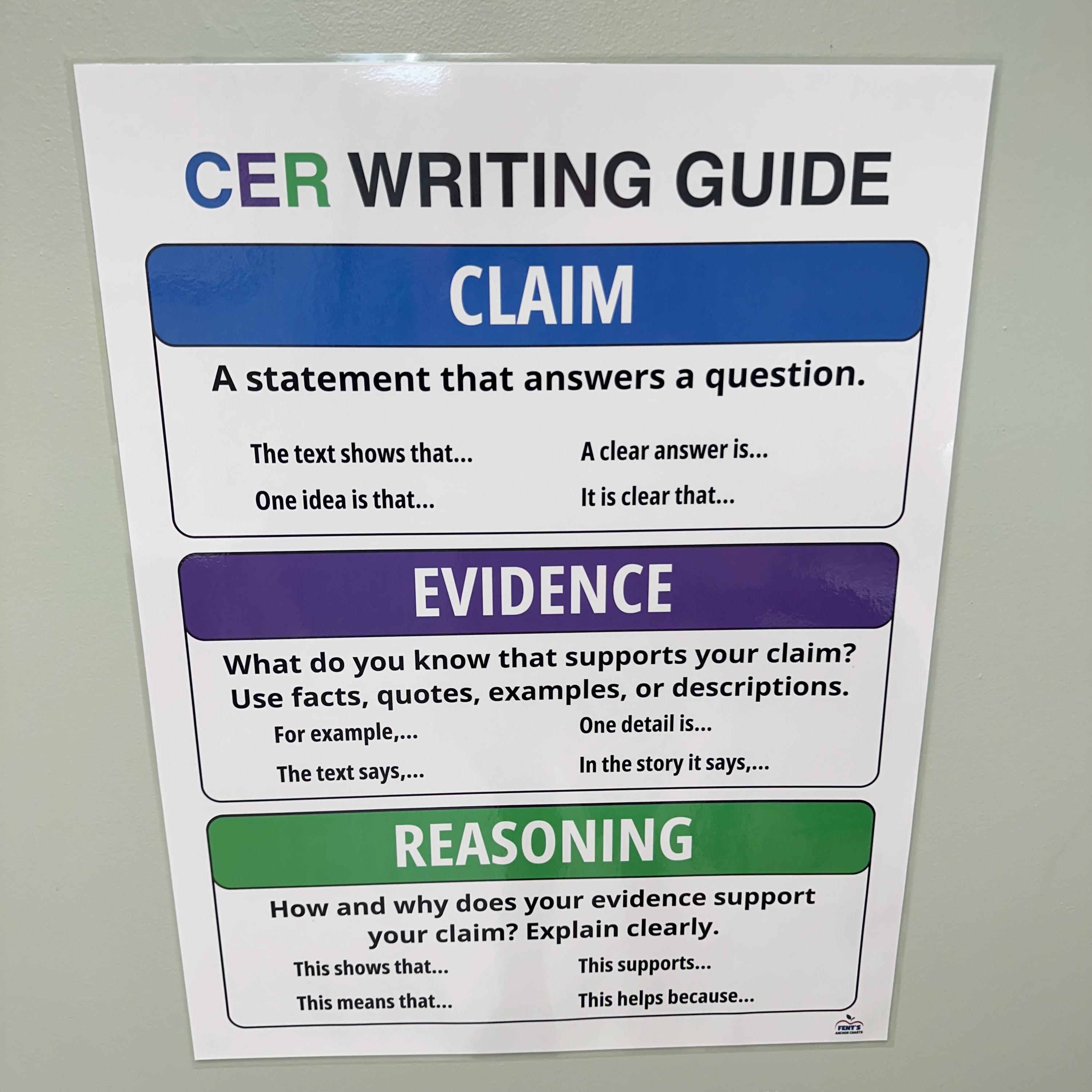 CER Writing Laminated Anchor Chart | Claim Evidence Reasoning Poster - Etsy
