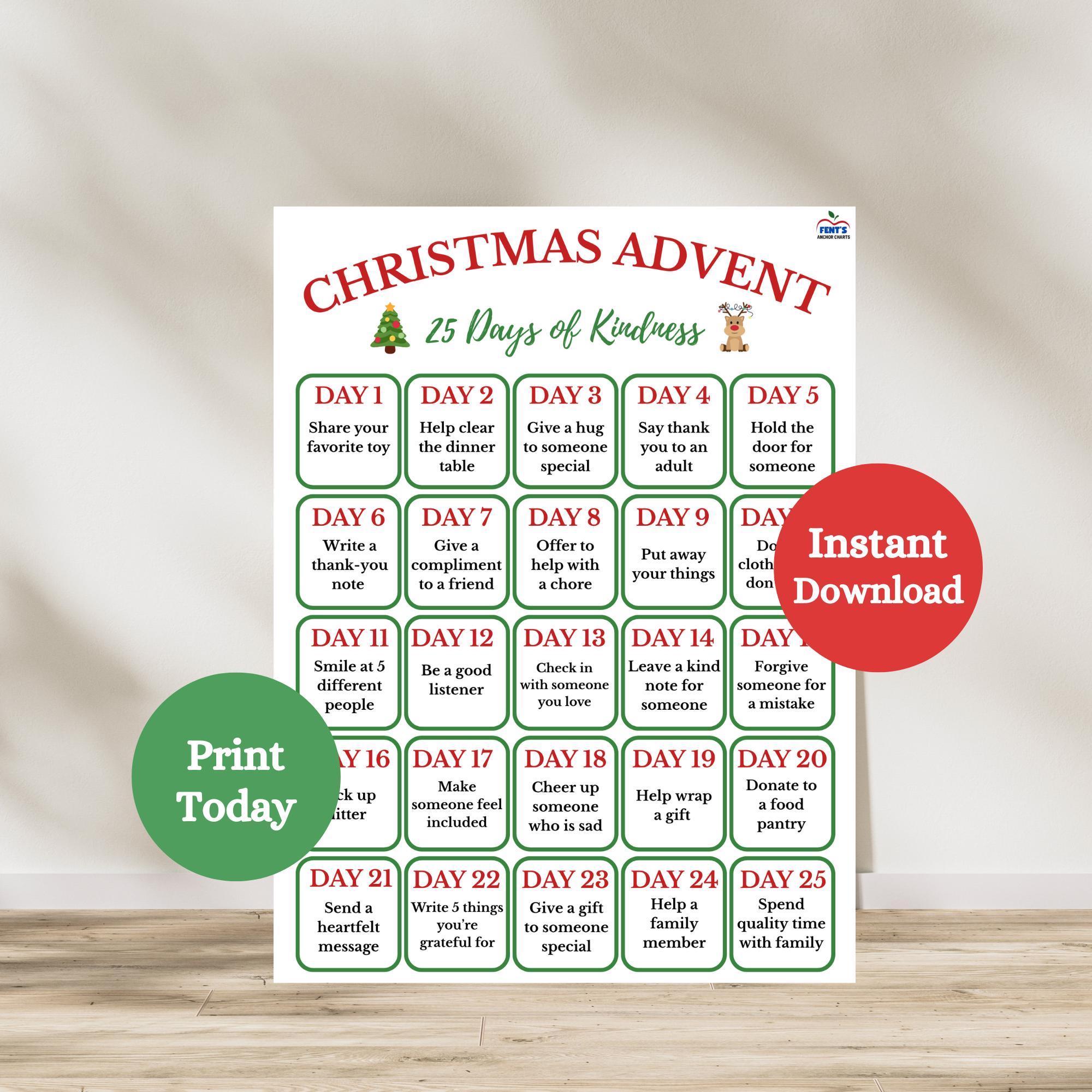 Christmas Kindness Advent Calendar, 25 Days of Christmas Kindness Chart ...
