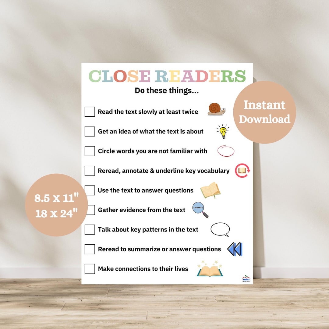Printable Close Reading Checklist, Close Reading Poster for Classroom ...