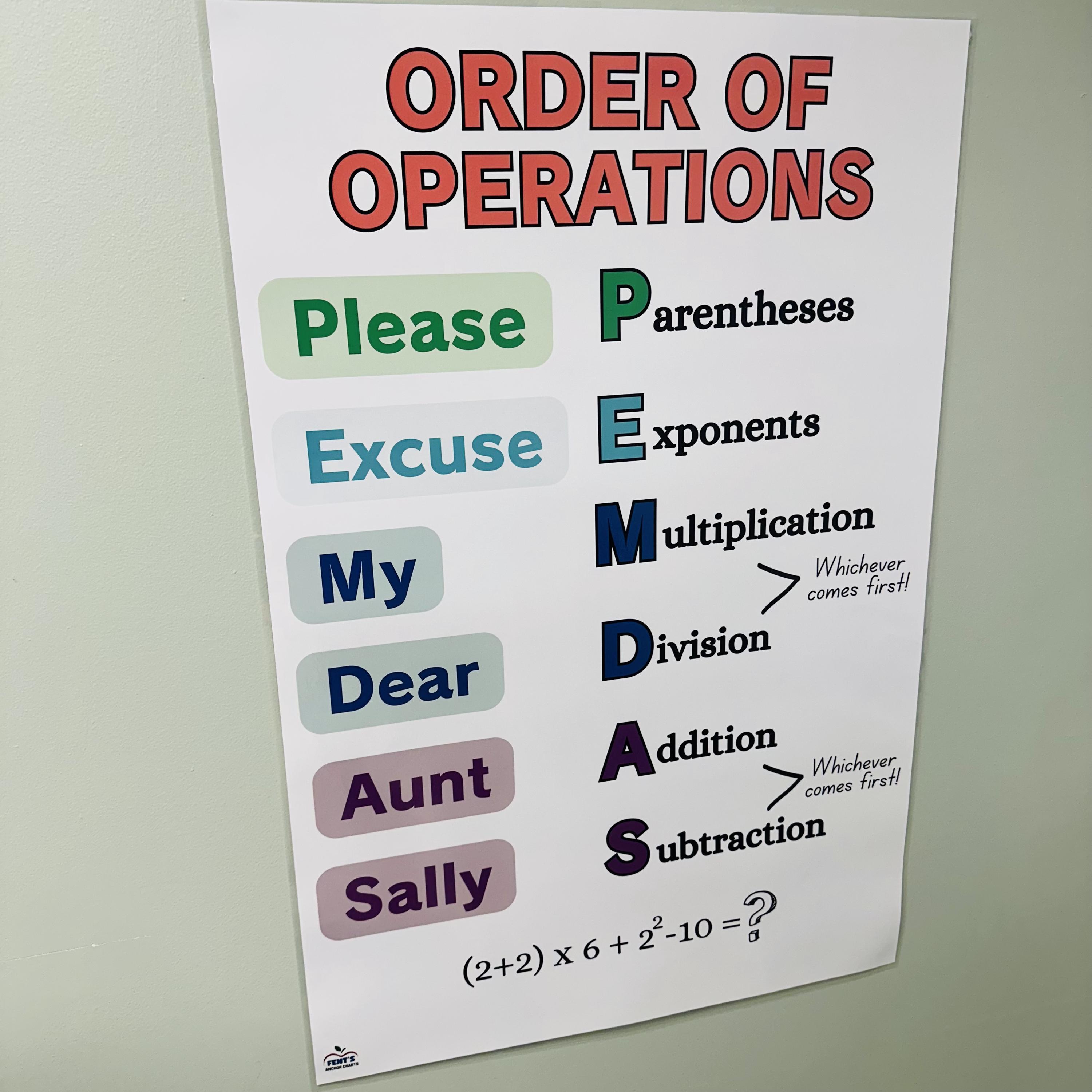 Order of Operations Math Anchor Chart, PEMDAS Acronym Math Poster, 5th ...