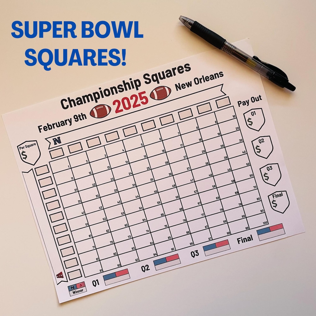 Printable Super Bowl Squares, Super Bowl Betting Pool, Editable Super ...