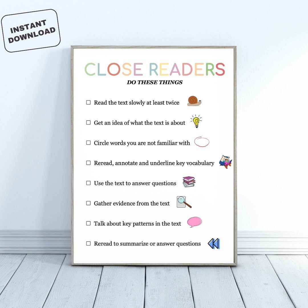 Printable Close Reading Checklist, Reading Support Anchor Chart ...