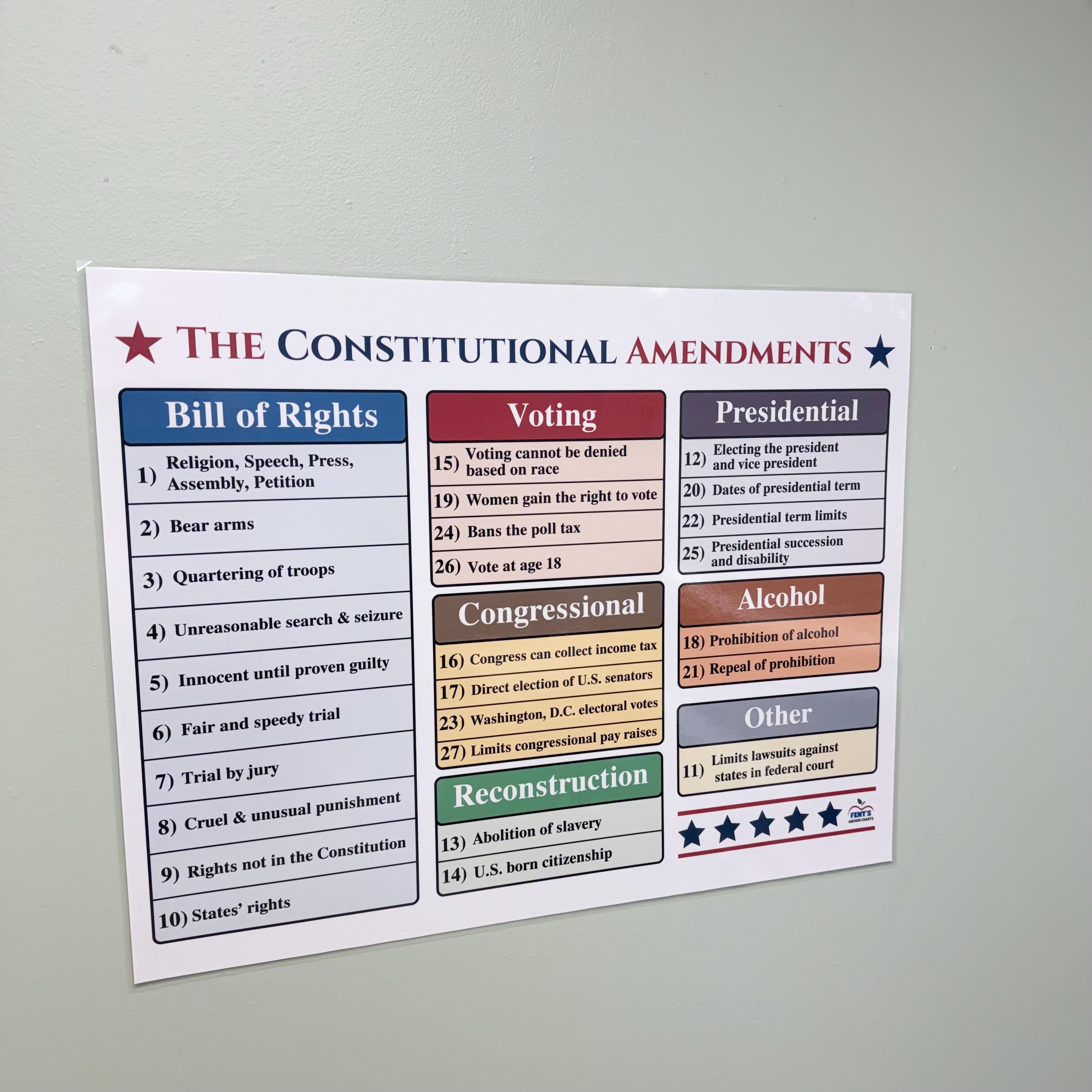 Constitutional Amendments Laminated Chart | Bill of Rights for ...