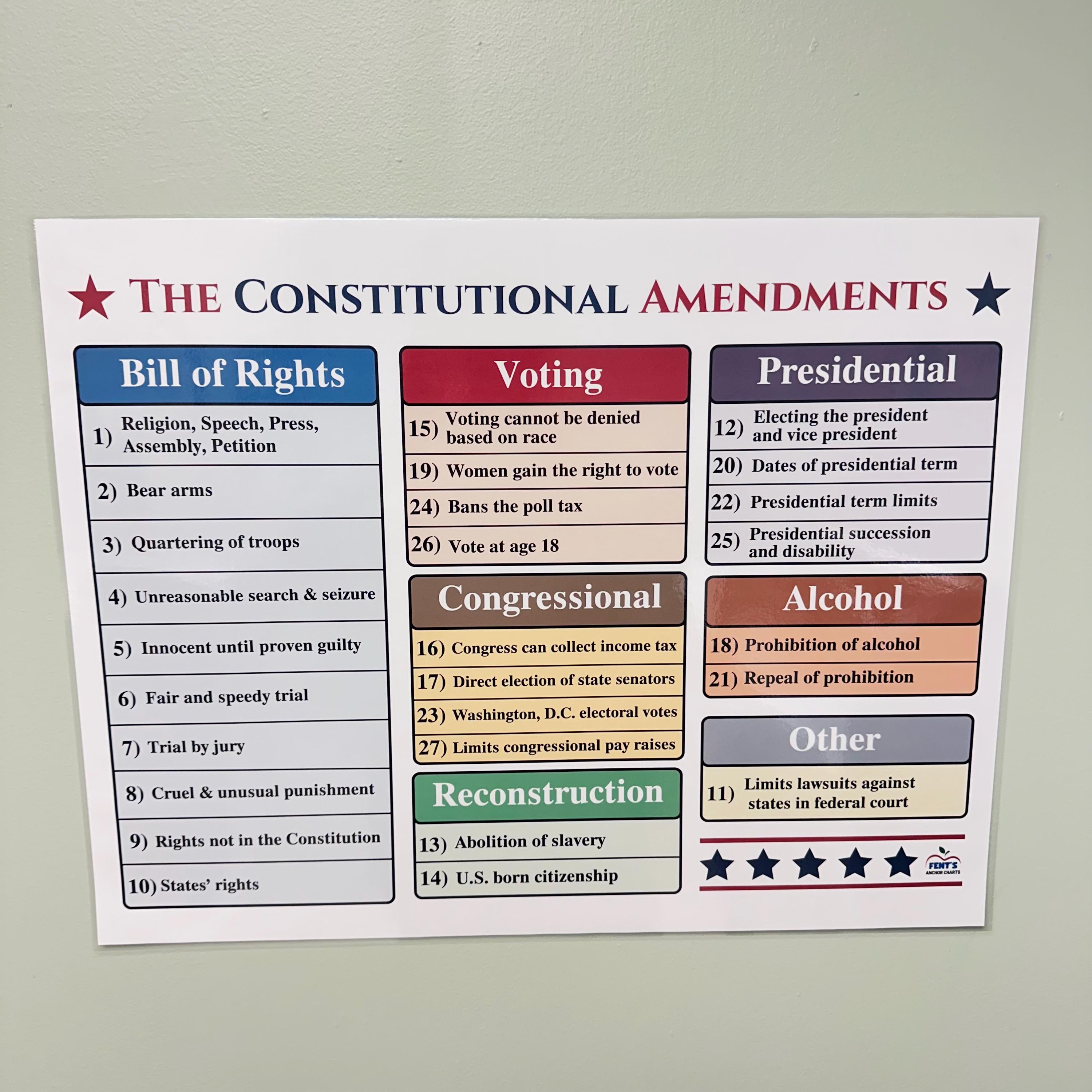 Constitutional Amendments Laminated Chart | Bill of Rights for ...