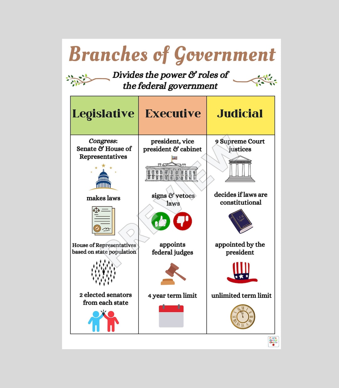 Branches of Government Anchor Chart, US Government Anchor Chart, US ...