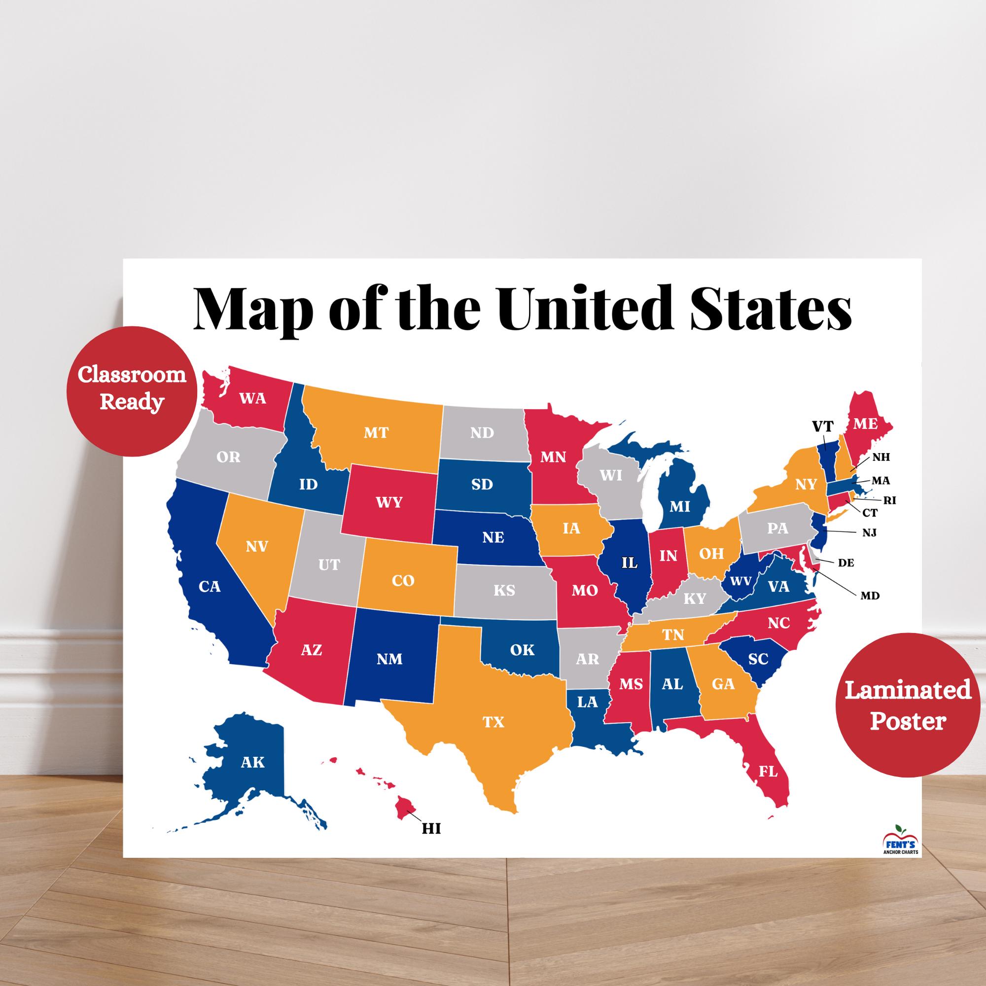 Laminated United States Map Poster, Colorful USA State Map With ...