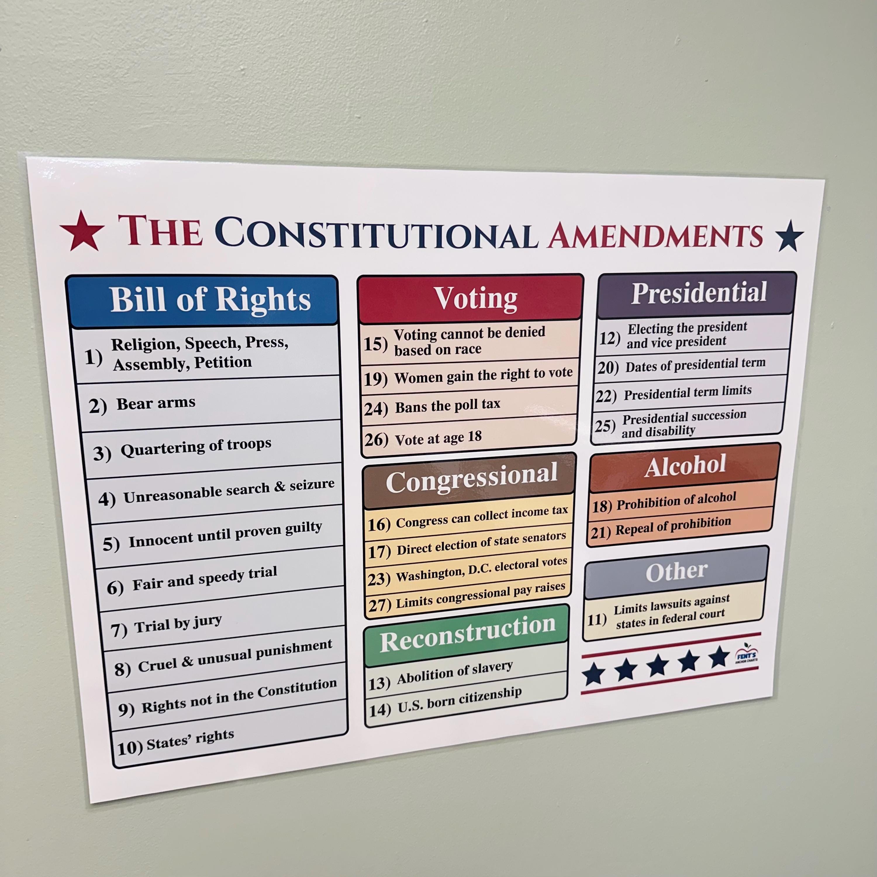 Constitutional Amendments Laminated Chart | Bill of Rights for ...