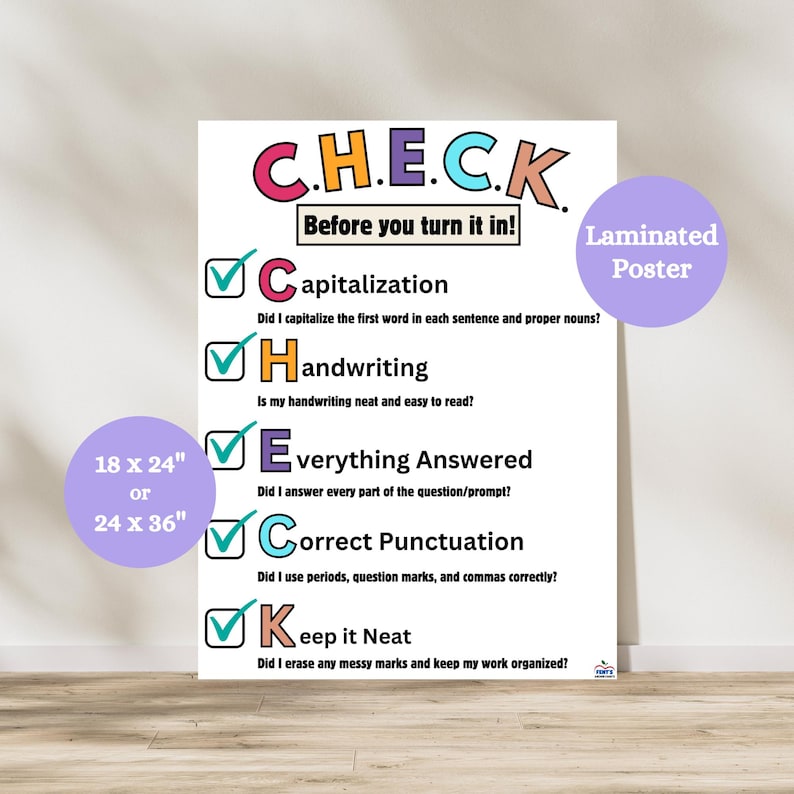 C.H.E.C.K. Anchor Chart, Turn in Checklist Poster, Student Work ...