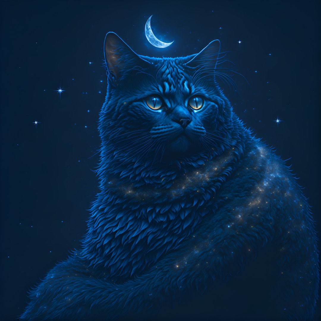 Starry Night Blue Cat Animal Art Print Digital Download - Etsy
