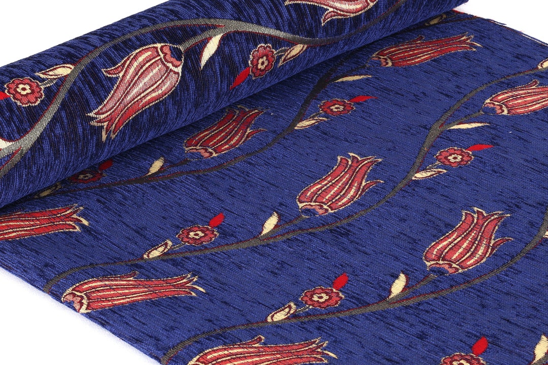 Blue Chenille Upholstery Fabric: Turkish Kilim Style, Bohemian Floral ...