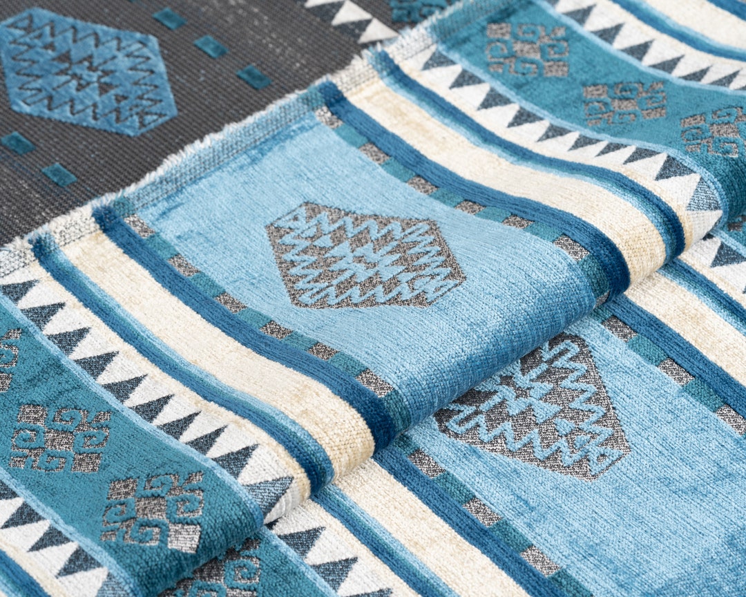 Blue Upholstery Kilim Fabric, Turkish Fabric by the Yards, Oriental ...