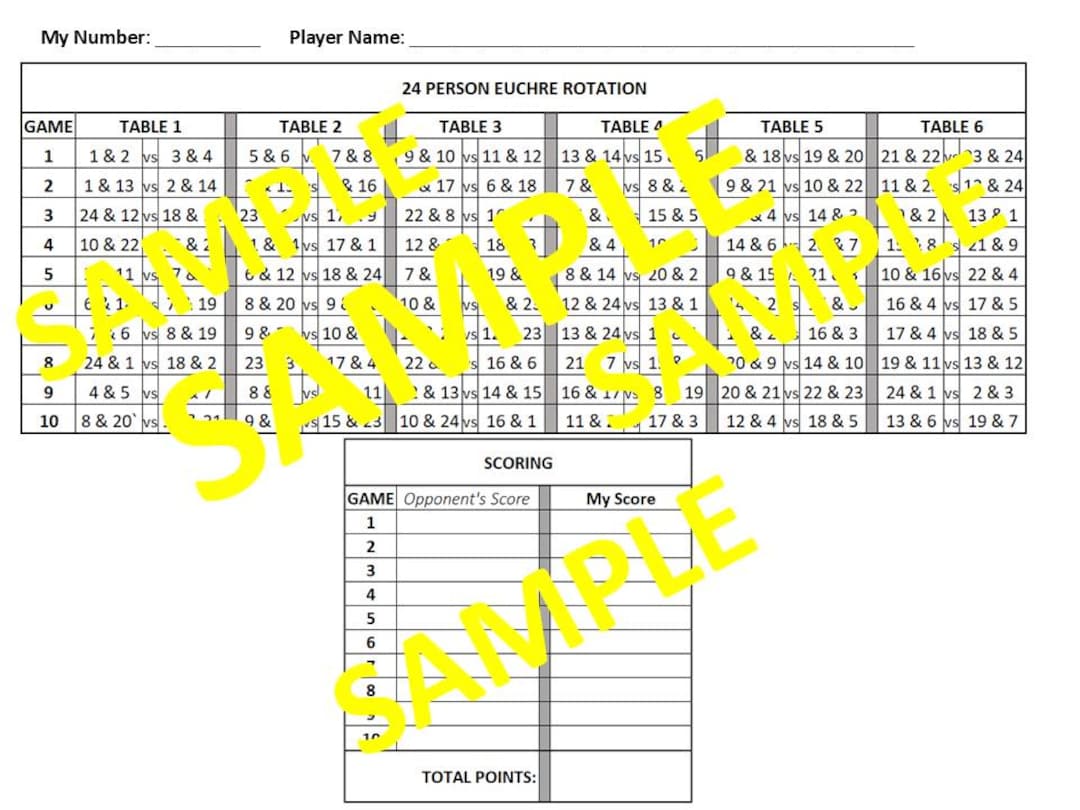 24 Person Euchre Tournament Rotation Scorecard - Etsy