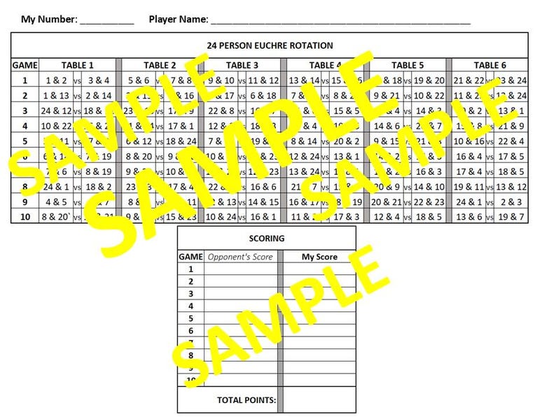 24 Person, 10 Round Euchre Tournament Rotation Scorecard - Etsy