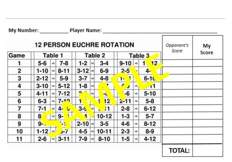 12 Person Euchre Tournament Rotation Scorecard - Etsy