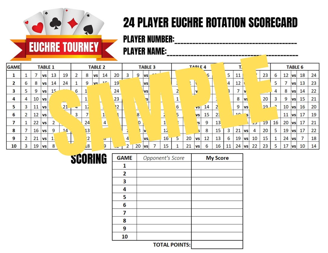 24 Player, 10 Round Euchre Tournament Rotation Scorecard - Etsy