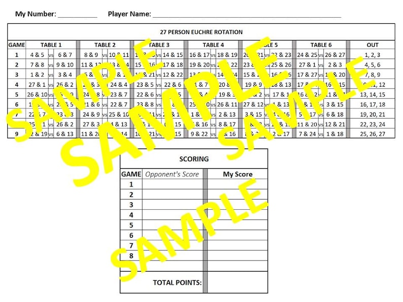 27 Person Euchre Tournament Rotation Scorecard - Etsy