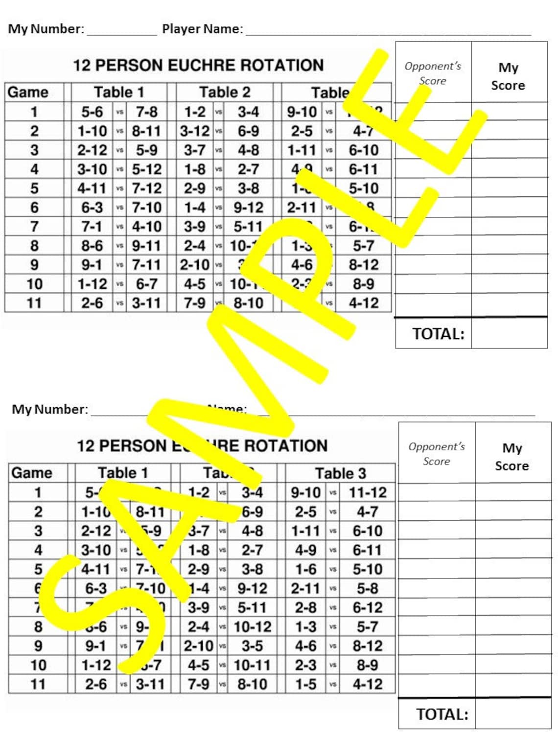 12 Person Euchre Tournament Rotation Scorecard - Etsy