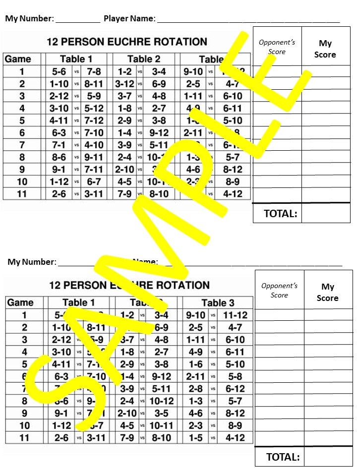12 Person Euchre Tournament Rotation Scorecard - Etsy