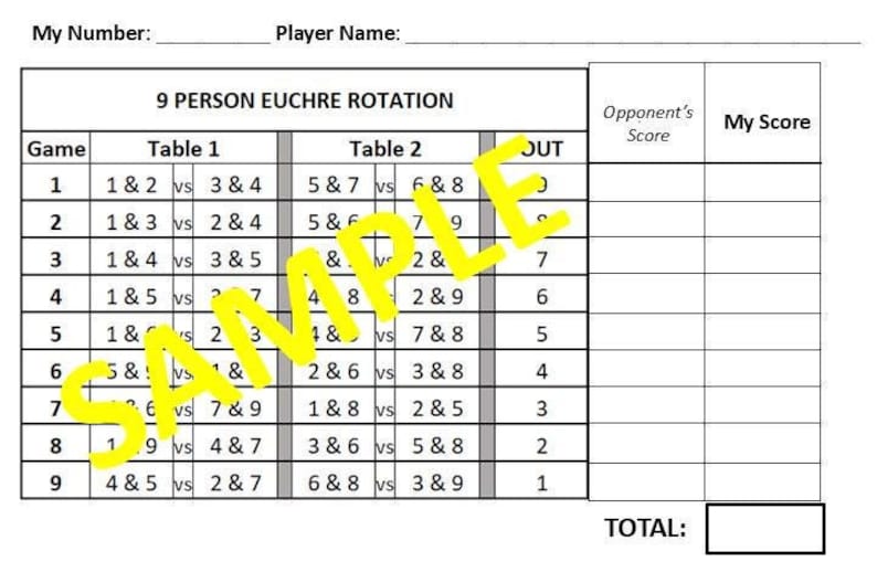 9 Person Euchre Tournament Rotation Scorecard - Etsy