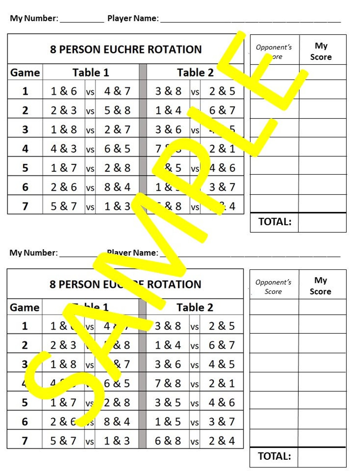 8 Person Euchre Tournament Rotation Scorecard - Etsy