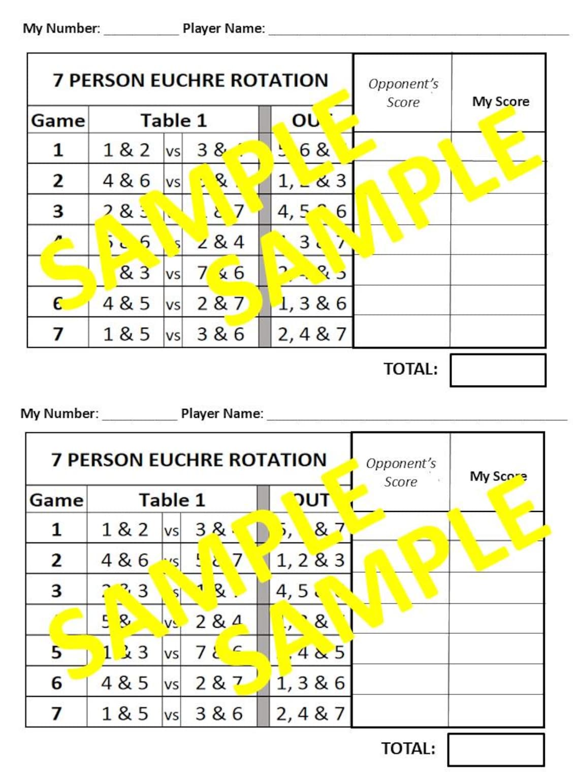 7 Person Euchre Tournament Rotation Scorecard - Etsy