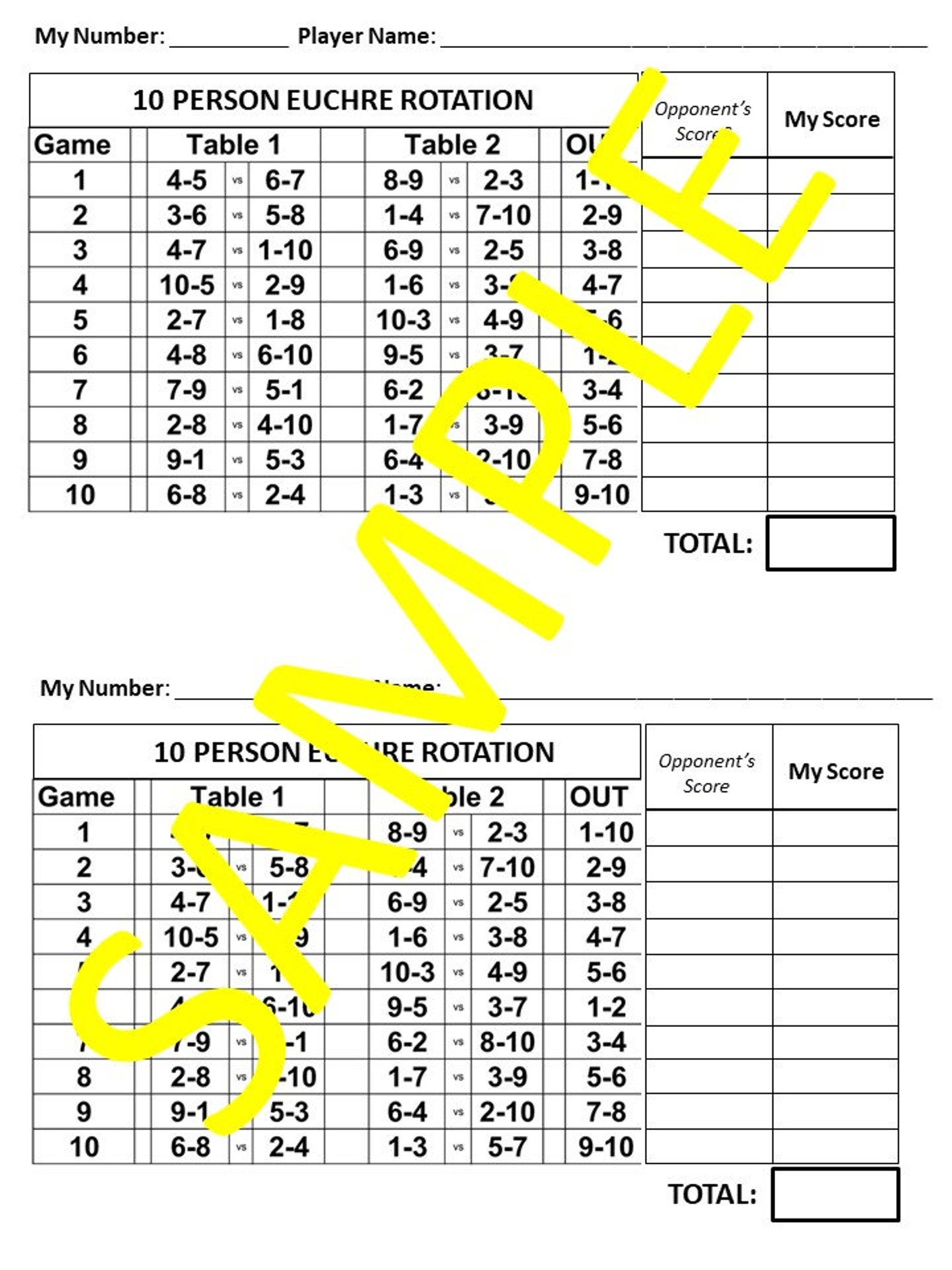 10 Person Euchre Tournament Rotation Scorecard - Etsy