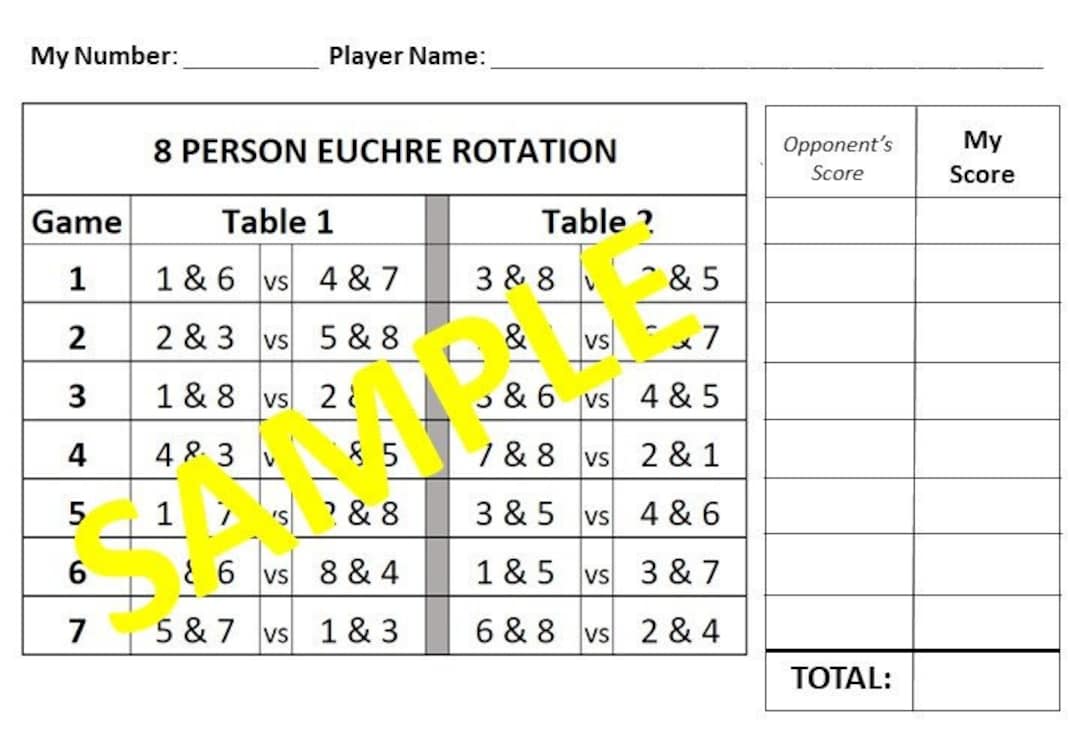 8 Person Euchre Tournament Rotation Scorecard - Etsy