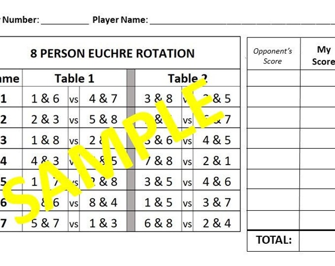 20 Person Euchre Rotation Score Sheet/euchre Tally W Table Numbers ...