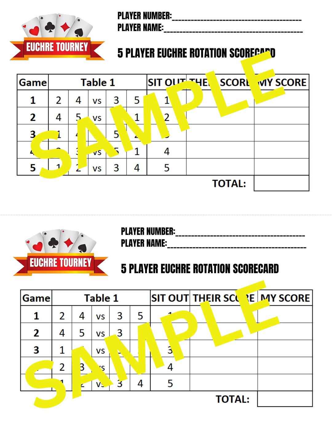 5 Player Euchre Tournament Rotation Scorecard - Etsy