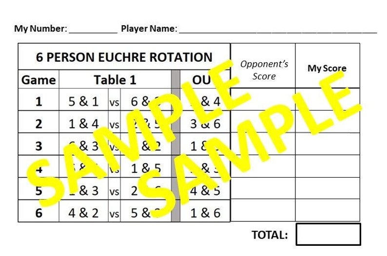 6 Person Euchre Tournament Rotation Scorecard - Etsy