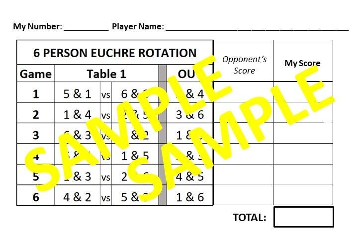 6 Person Euchre Tournament Rotation Scorecard - Etsy