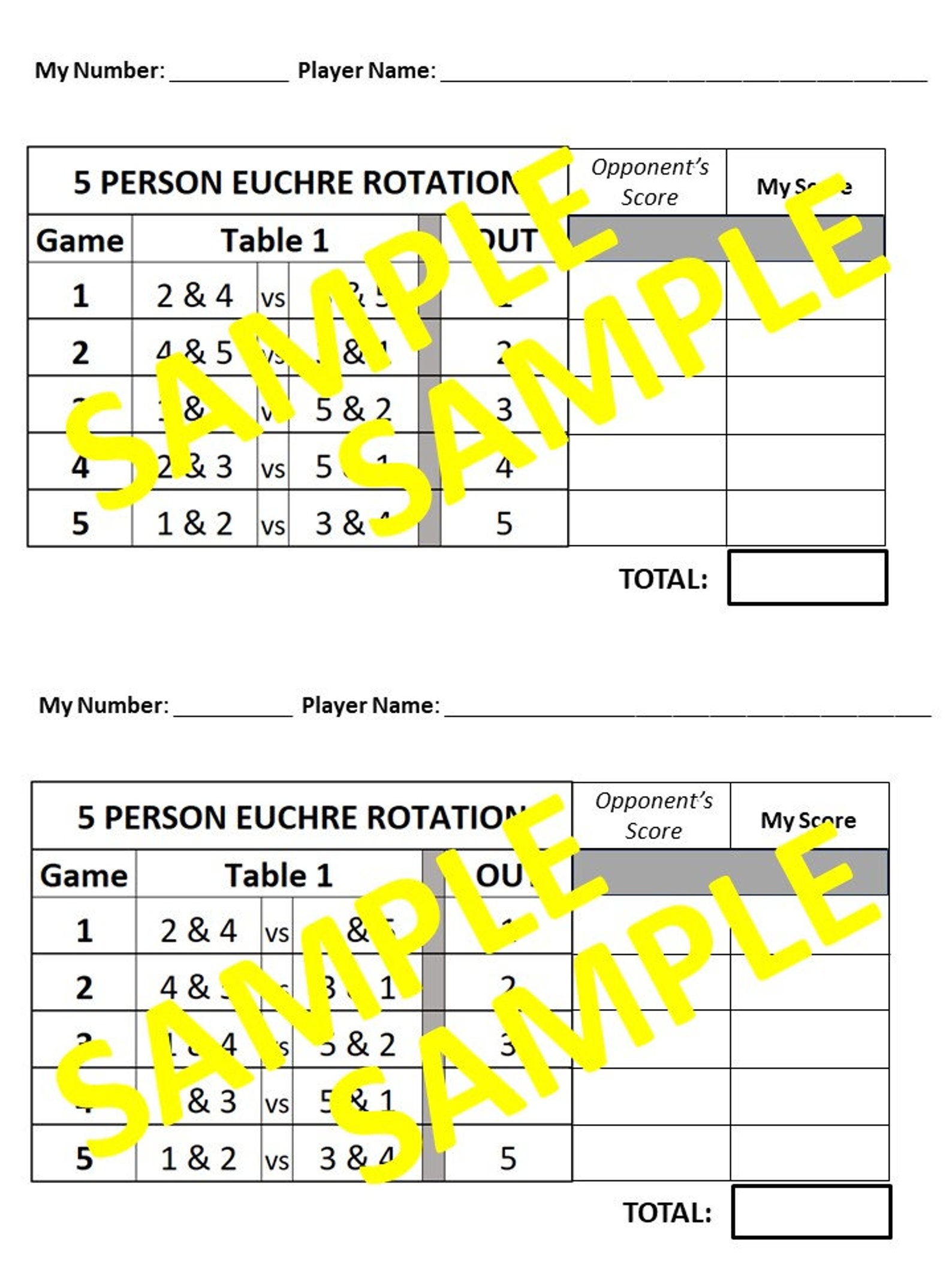 5 Person Euchre Tournament Rotation Scorecard - Etsy