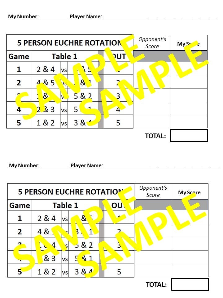 5 Person Euchre Tournament Rotation Scorecard - Etsy