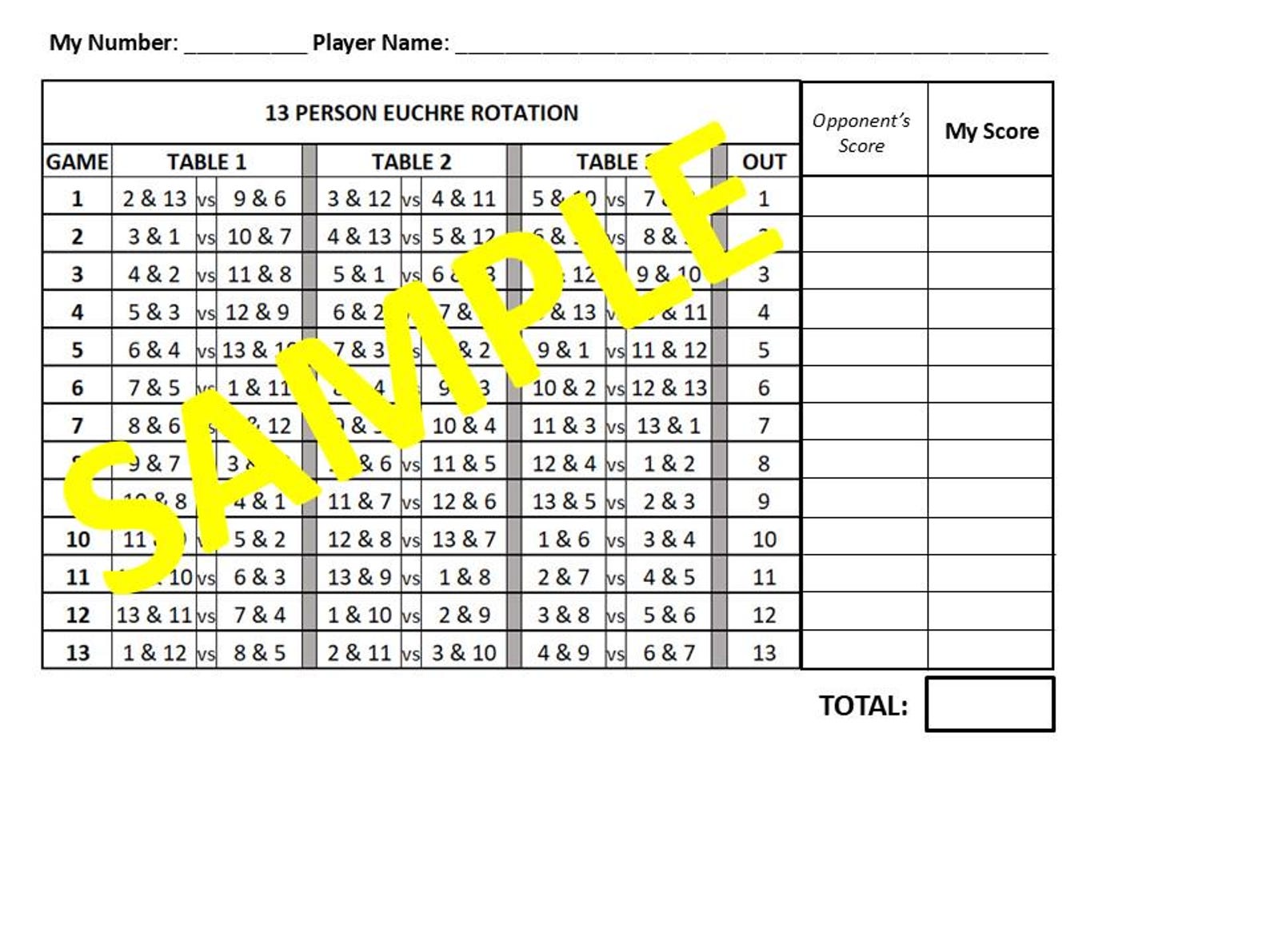 13 Person Euchre Tournament Rotation Scorecard - Etsy