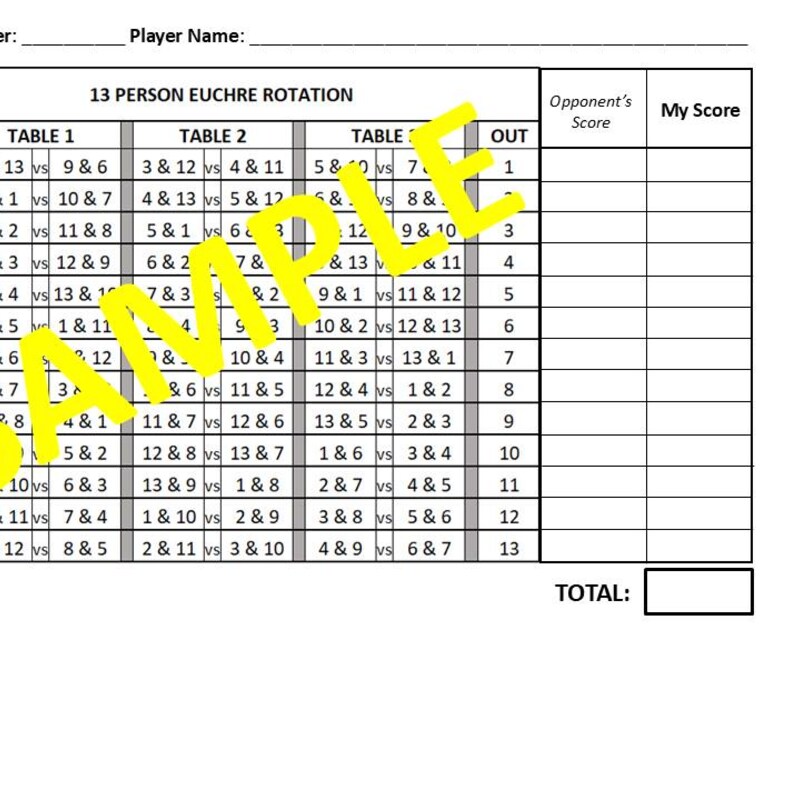 12 Person Euchre Rotation - Etsy