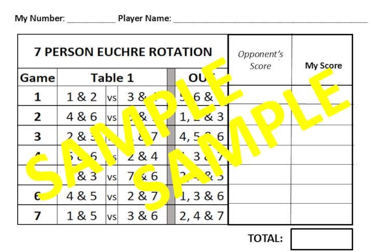 7 Person Euchre Tournament Rotation Scorecard - Etsy