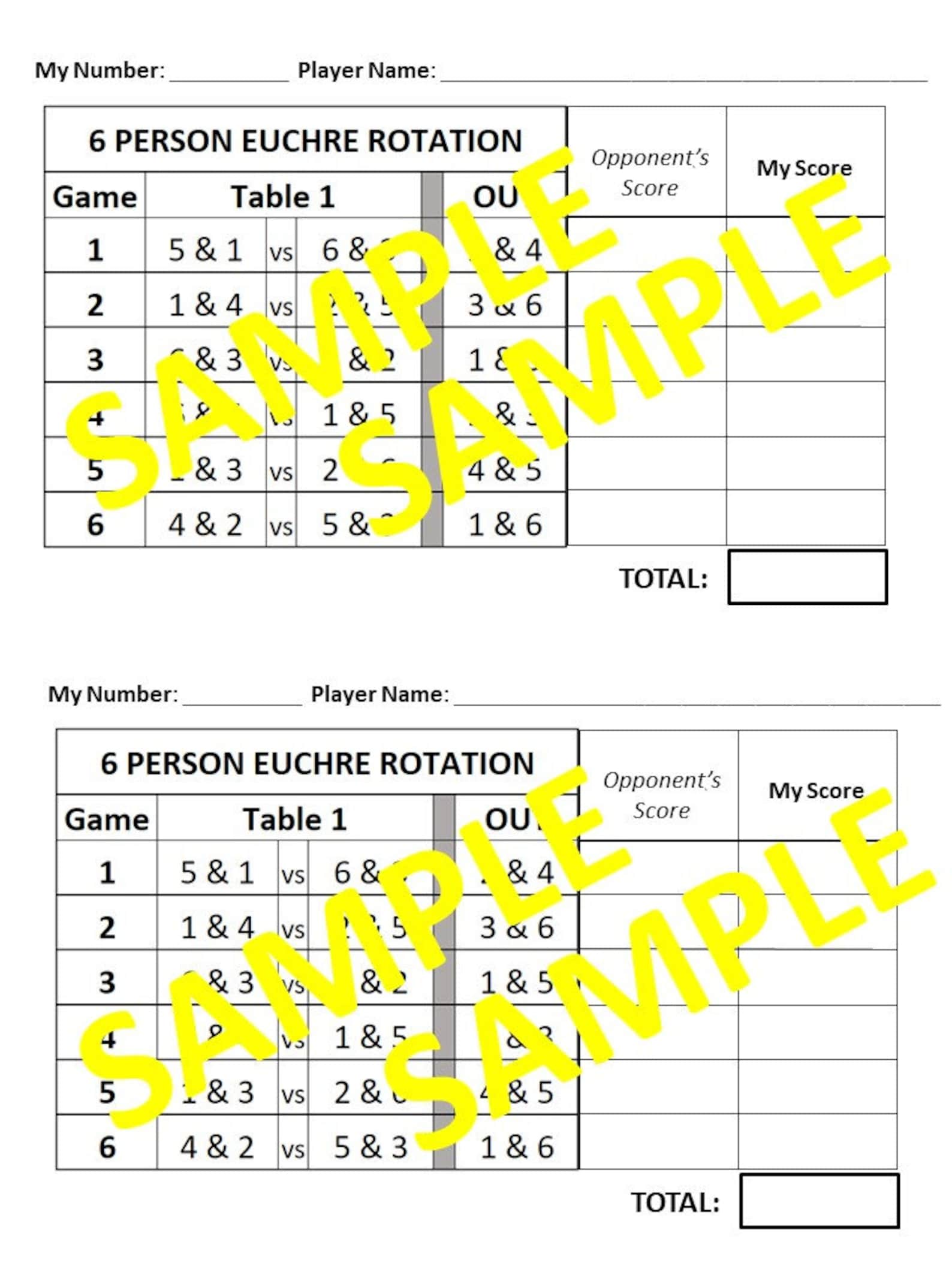 6 Person Euchre Tournament Rotation Scorecard - Etsy