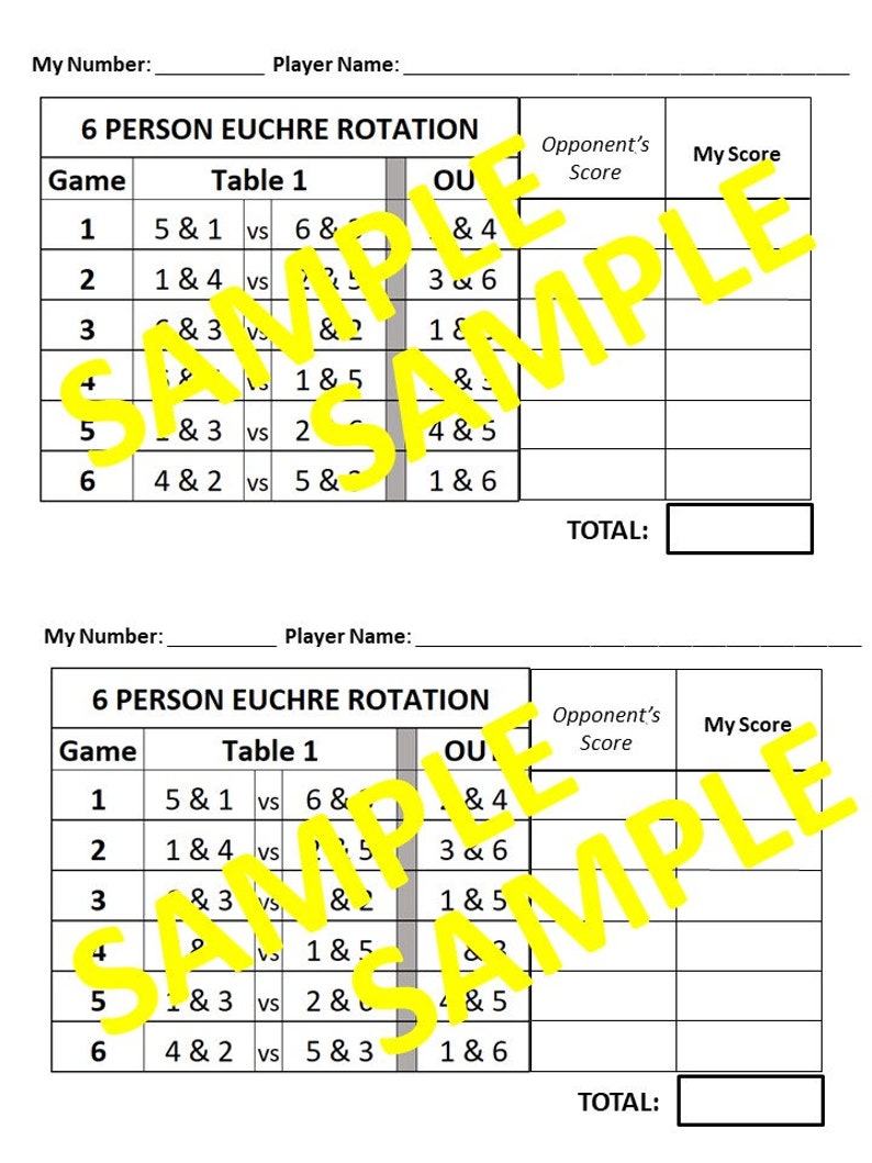 6 Person Euchre Tournament Rotation Scorecard - Etsy