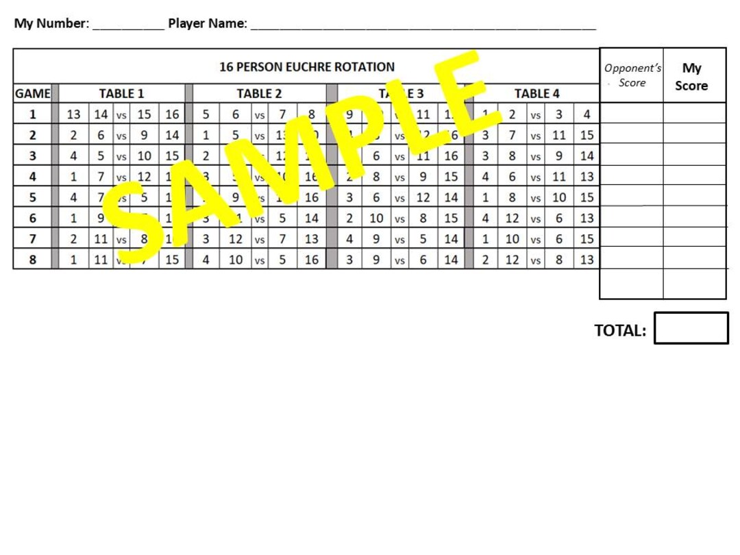 16 Person Euchre Tournament Rotation Scorecard - Etsy