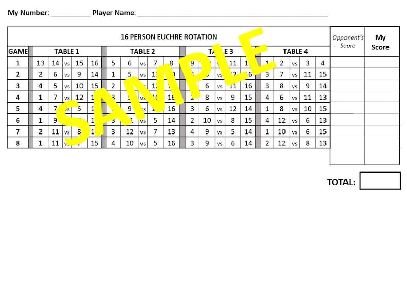 16 Person Euchre Tournament Rotation Scorecard - Etsy