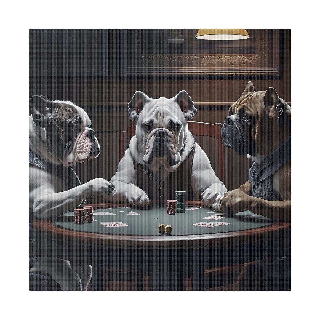 Three Bulldogs Wearing Suits Playing Poker - Stretched Matte Canvas ...