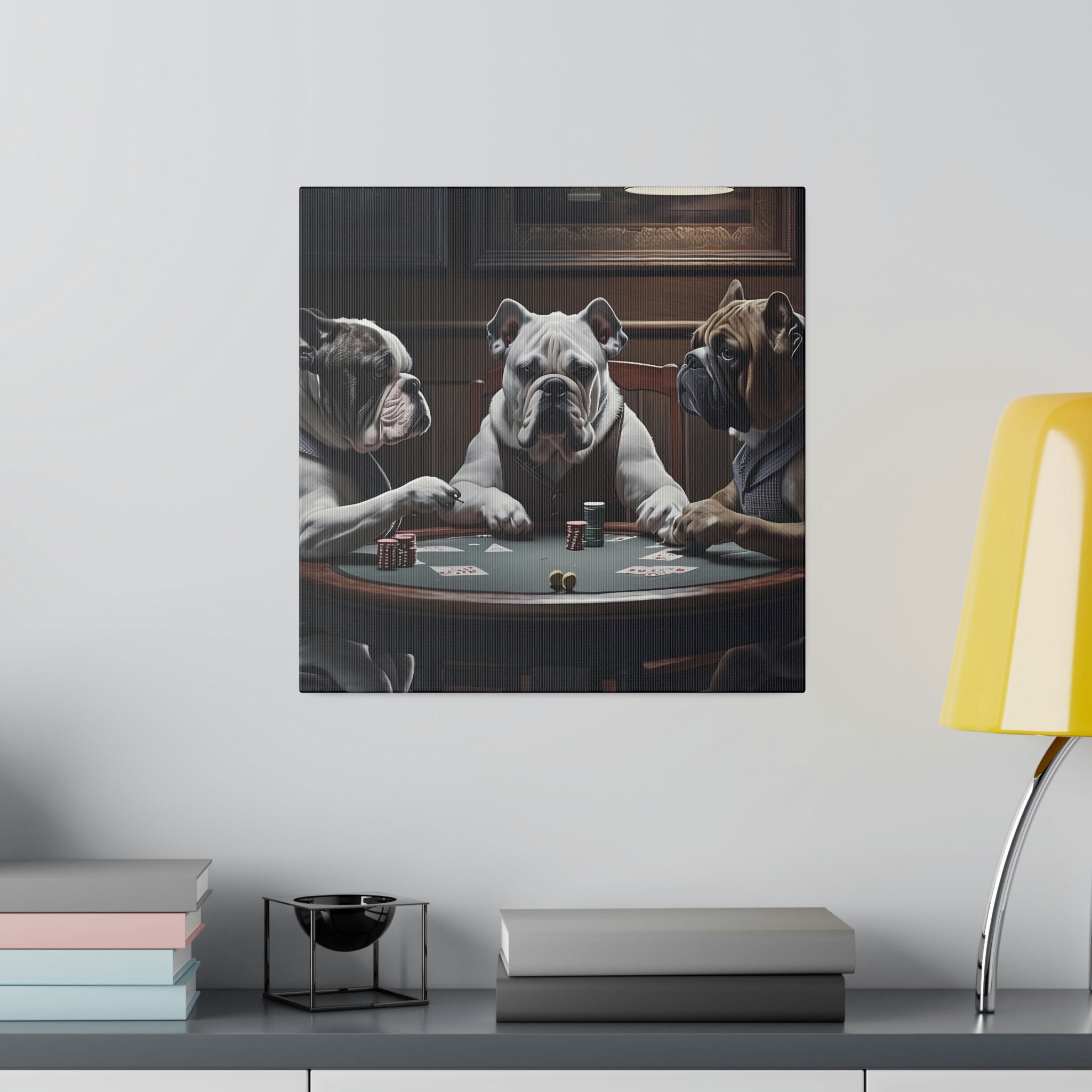 Three Bulldogs Wearing Suits Playing Poker - Stretched Matte Canvas ...