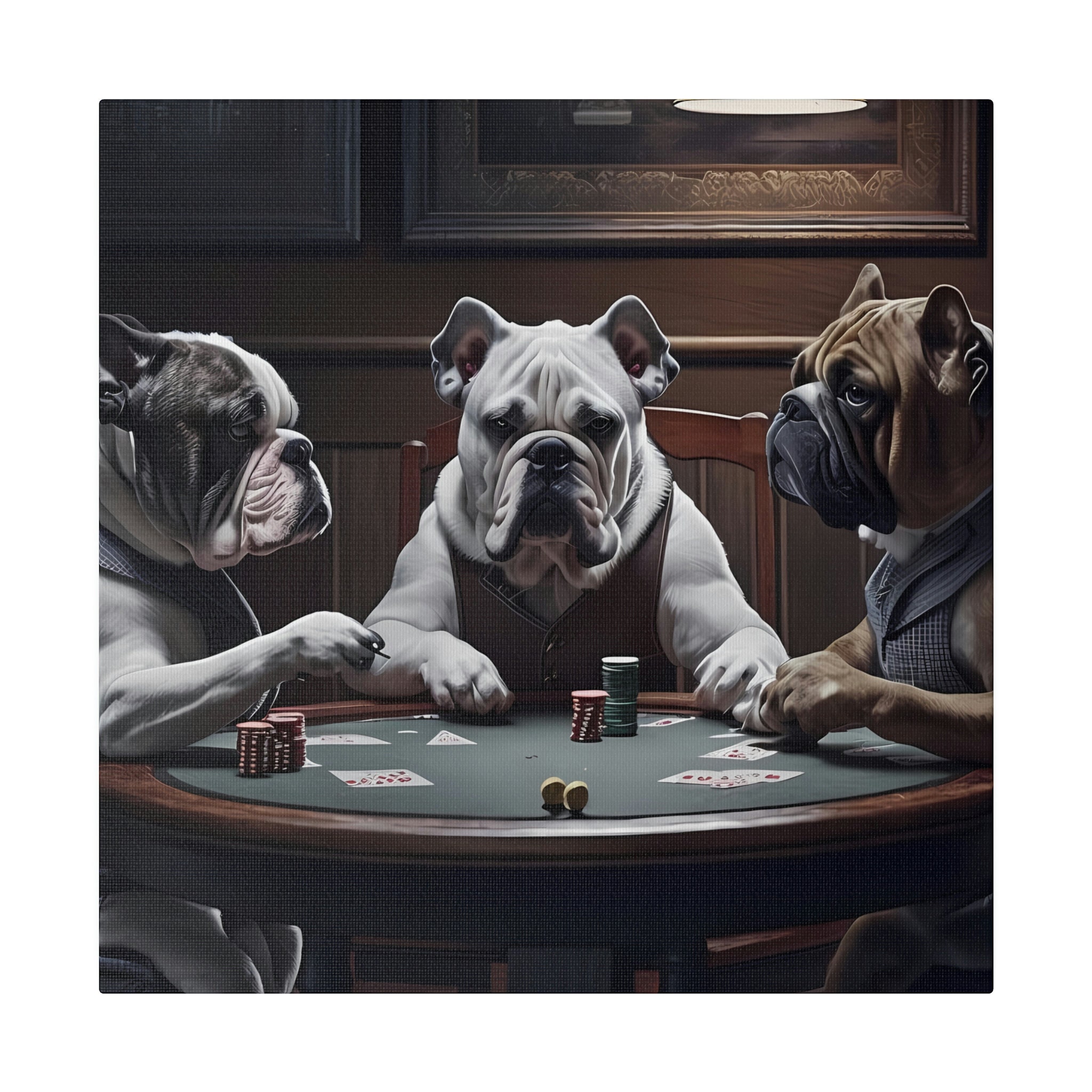 Three Bulldogs Wearing Suits Playing Poker Stretched Matte Canvas Print ...