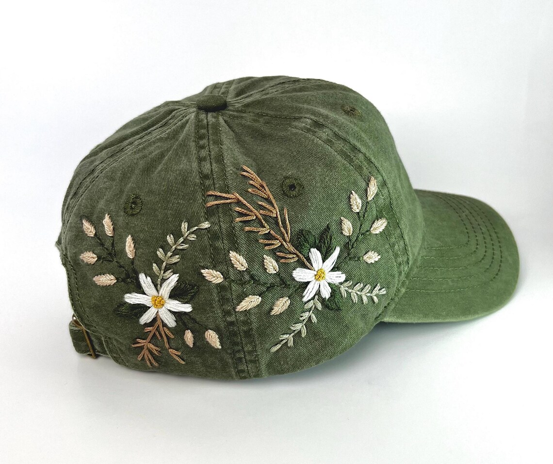 Green Daisy Hat, Hand Embroidered Floral Hat for Women, Embroidered ...