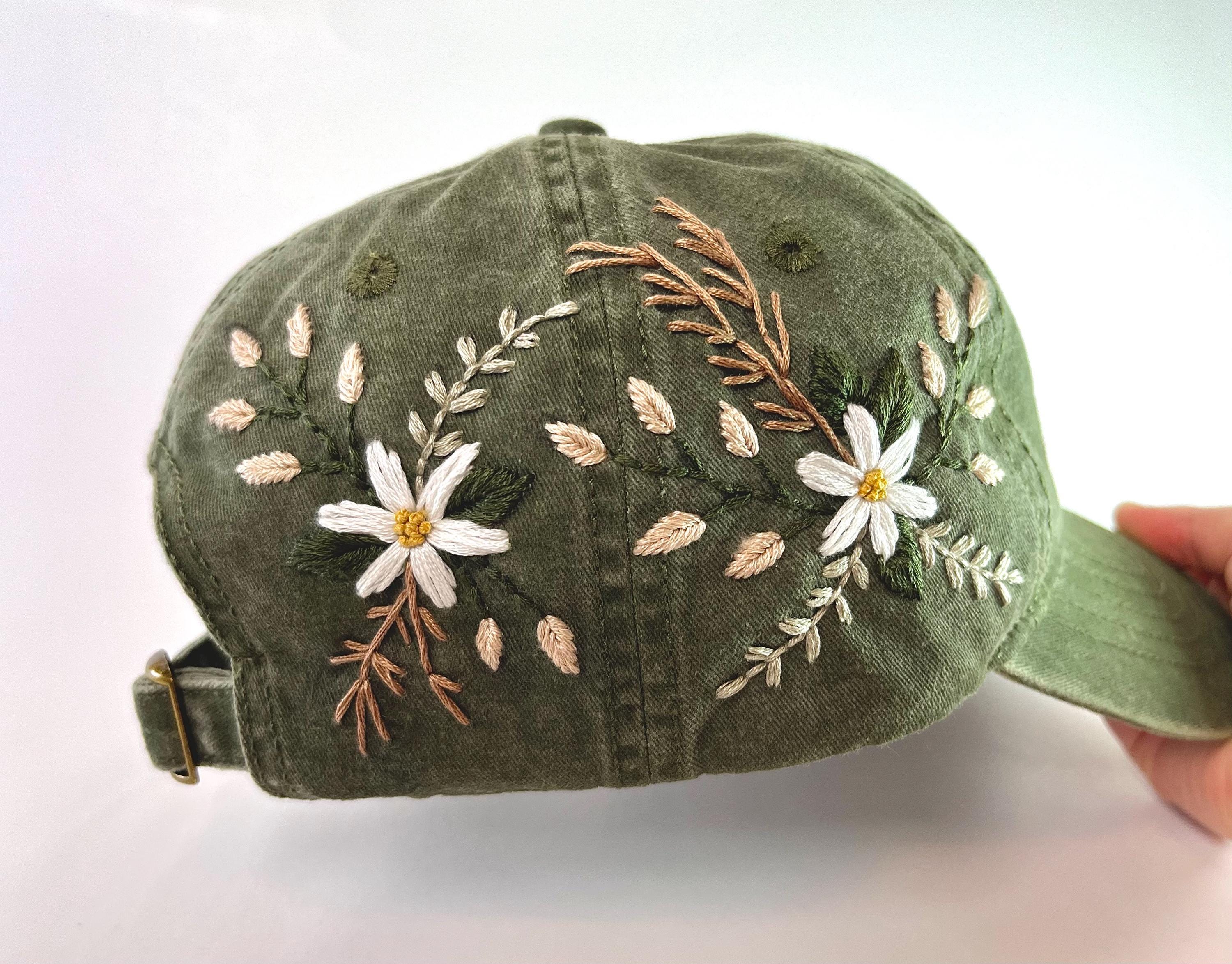 Green Daisy Hat, Hand Embroidered Floral Hat for Women, Embroidered ...