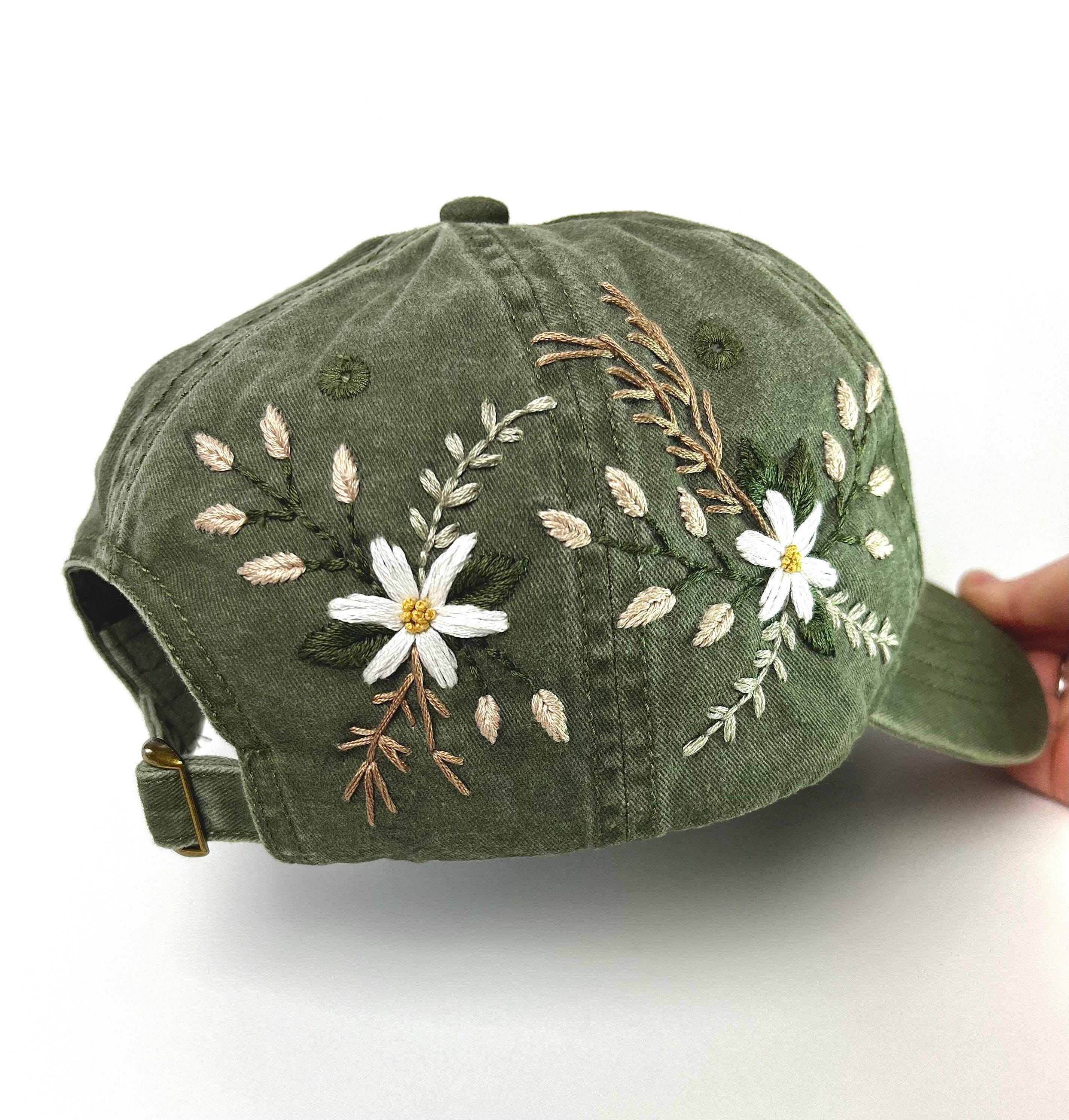 Green Daisy Hat, Hand Embroidered Floral Hat for Women, Embroidered ...