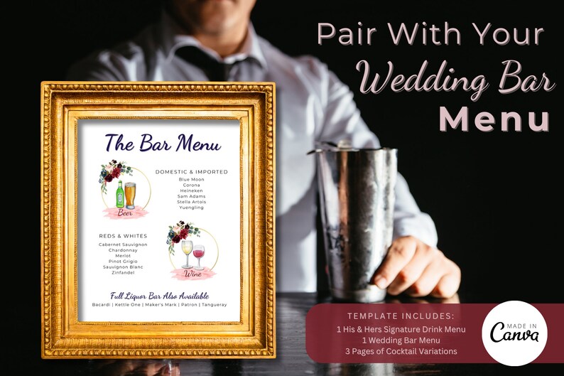 Burgundy & Navy Floral Wedding Bar Menus — Canva Template W/ Signature ...