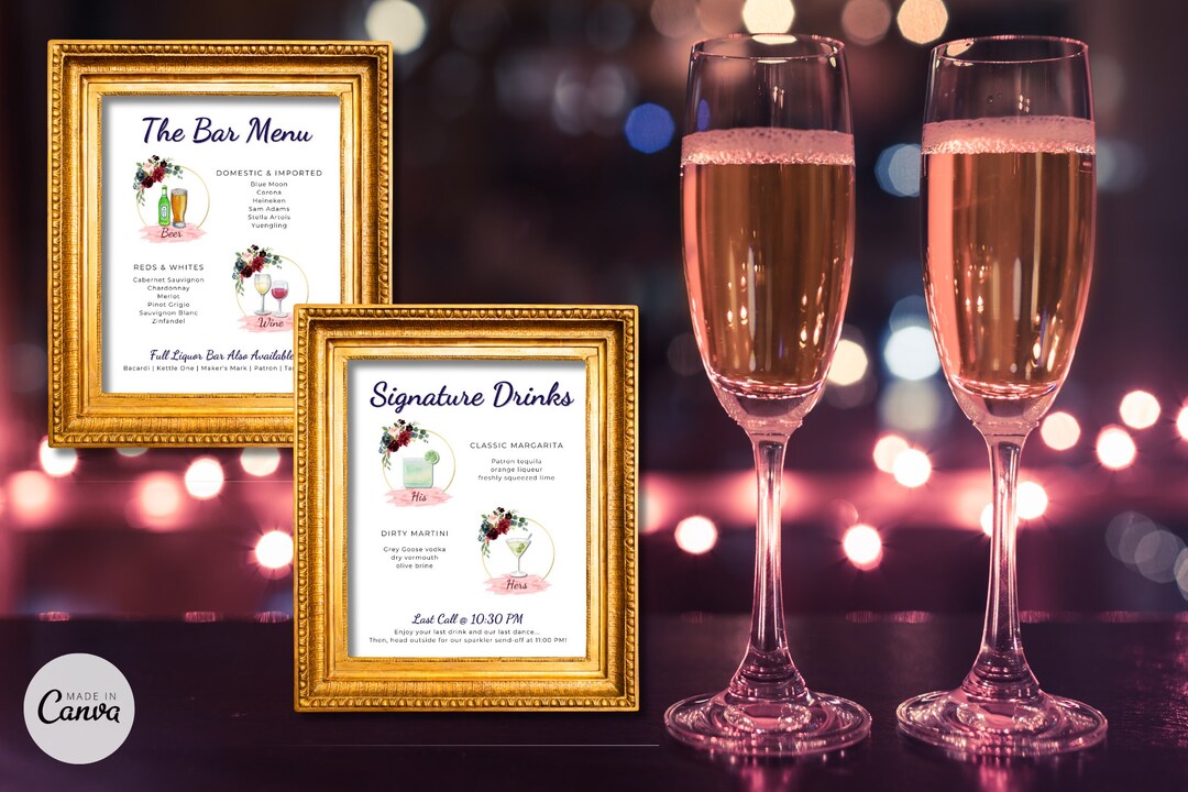 Burgundy & Navy Floral Wedding Bar Menus — Canva Template W/ Signature ...